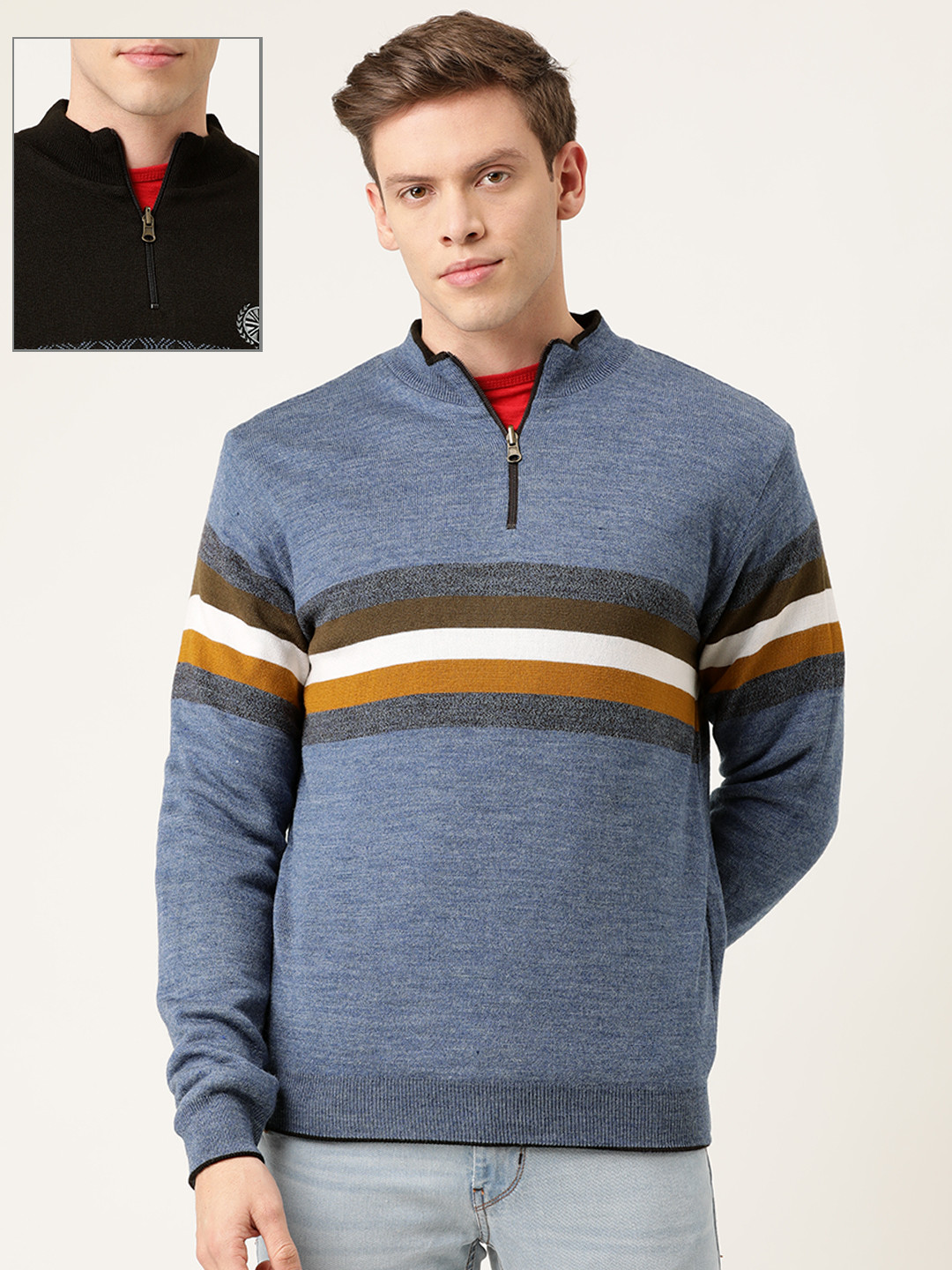 Buy Peter England Casuals Men Blue & White Striped Reversible Acrylic ...