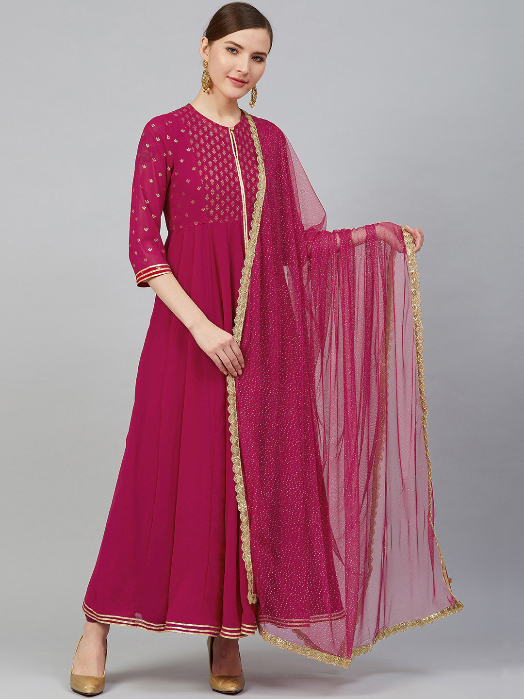 Buy Rangriti Women Magenta & Golden Yoke Design Layered Anarkali Kurta ...