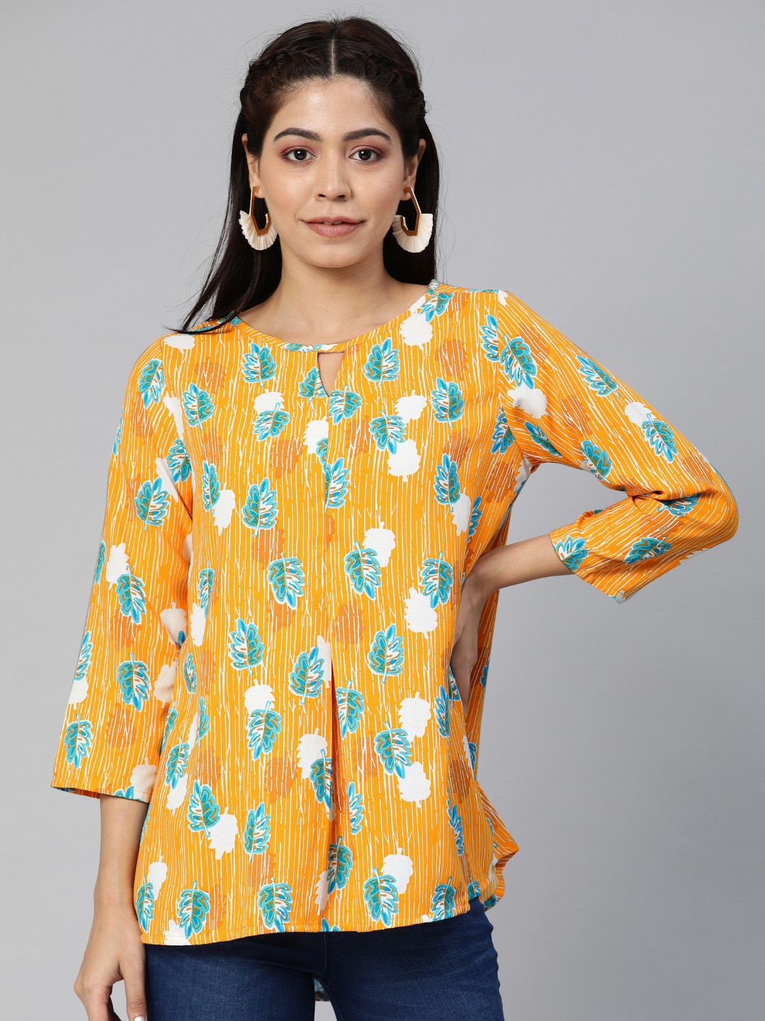 Buy Global Desi Women Mustard Yellow & Blue Printed A Line Top - Tops ...