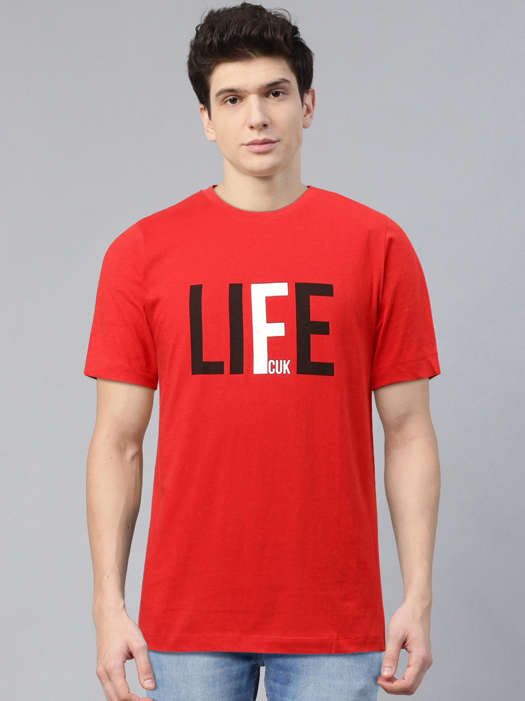 Buy French Connection Men Red Black Printed Round Neck Pure Cotton T ...