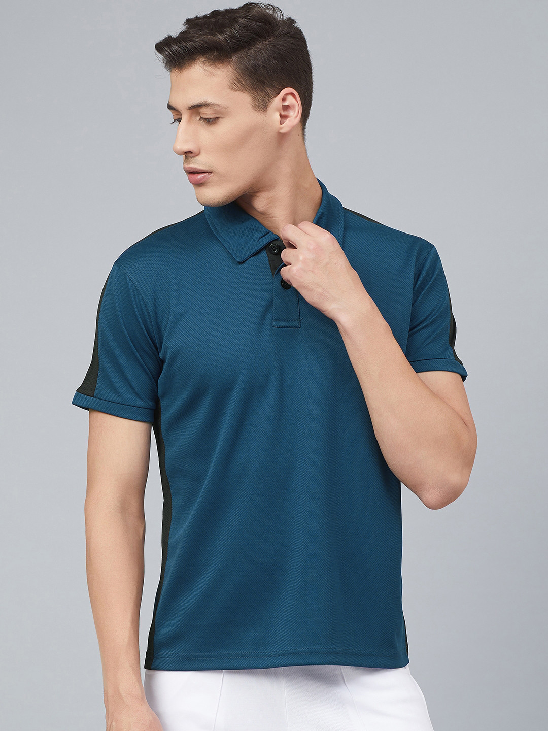Buy CHKOKKO Men Teal Blue & Black Solid Polo Collar Gym T Shirt ...