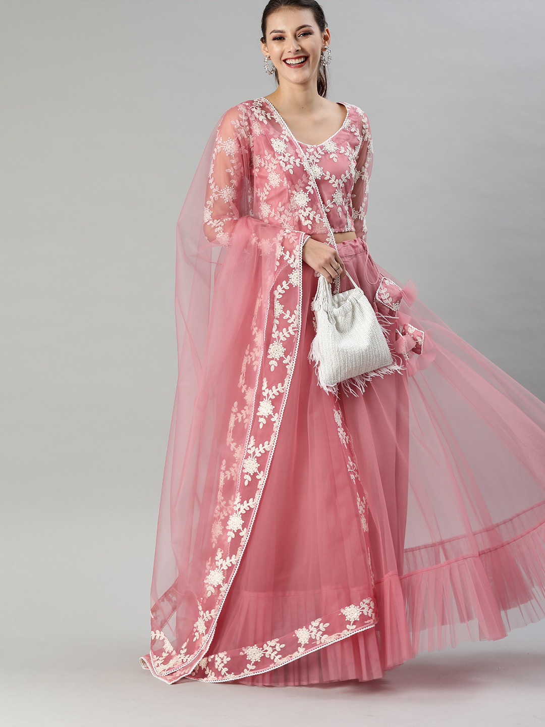 Buy Inddus Pink & White Embroidered Unstitched Lehenga & Blouse With ...