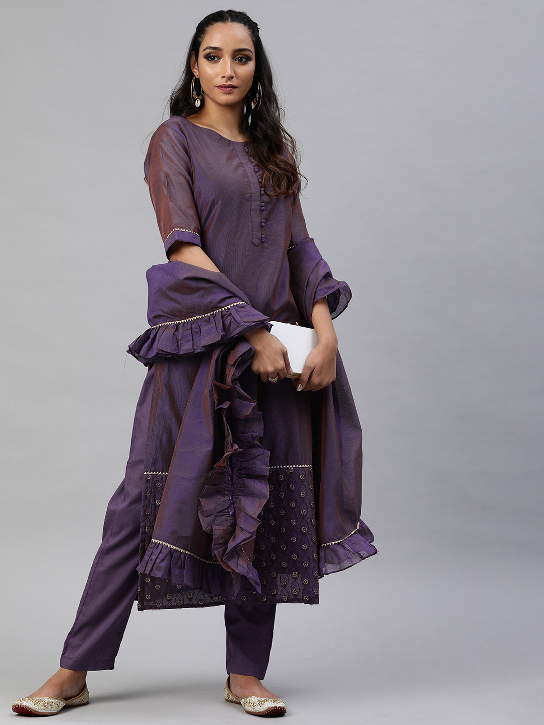 Buy Inddus Women Purple Solid Kurta Set With Embroidered Detail - Kurta ...