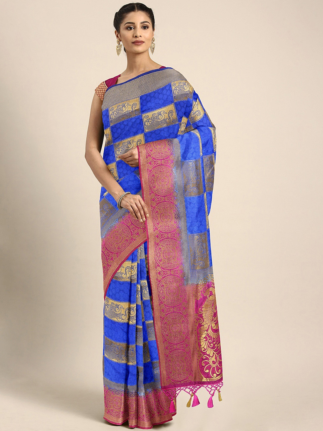 Buy Pothys Blue & Gold Toned Jute Silk Woven Design Saree - Sarees for ...