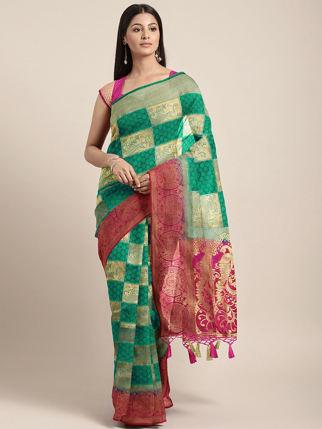 Buy Pothys Green & Golden Jute Silk Woven Design Saree - Sarees for ...