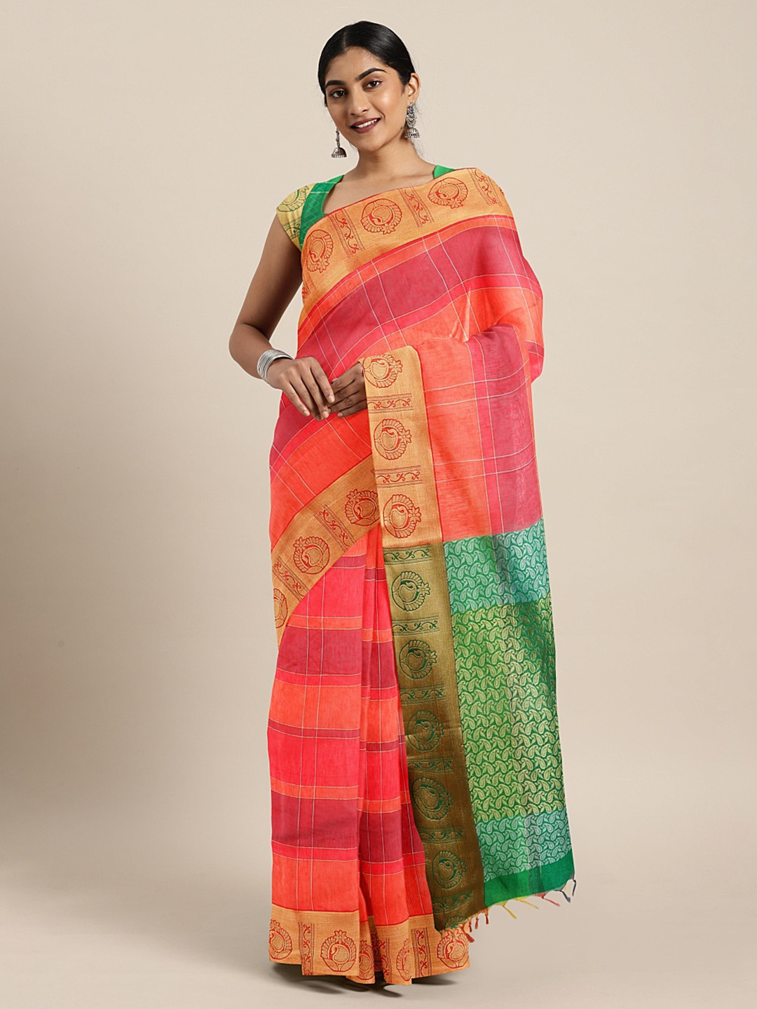 Buy Pothys Orange & Pink Silk Cotton Checked Saree - Sarees for Women ...