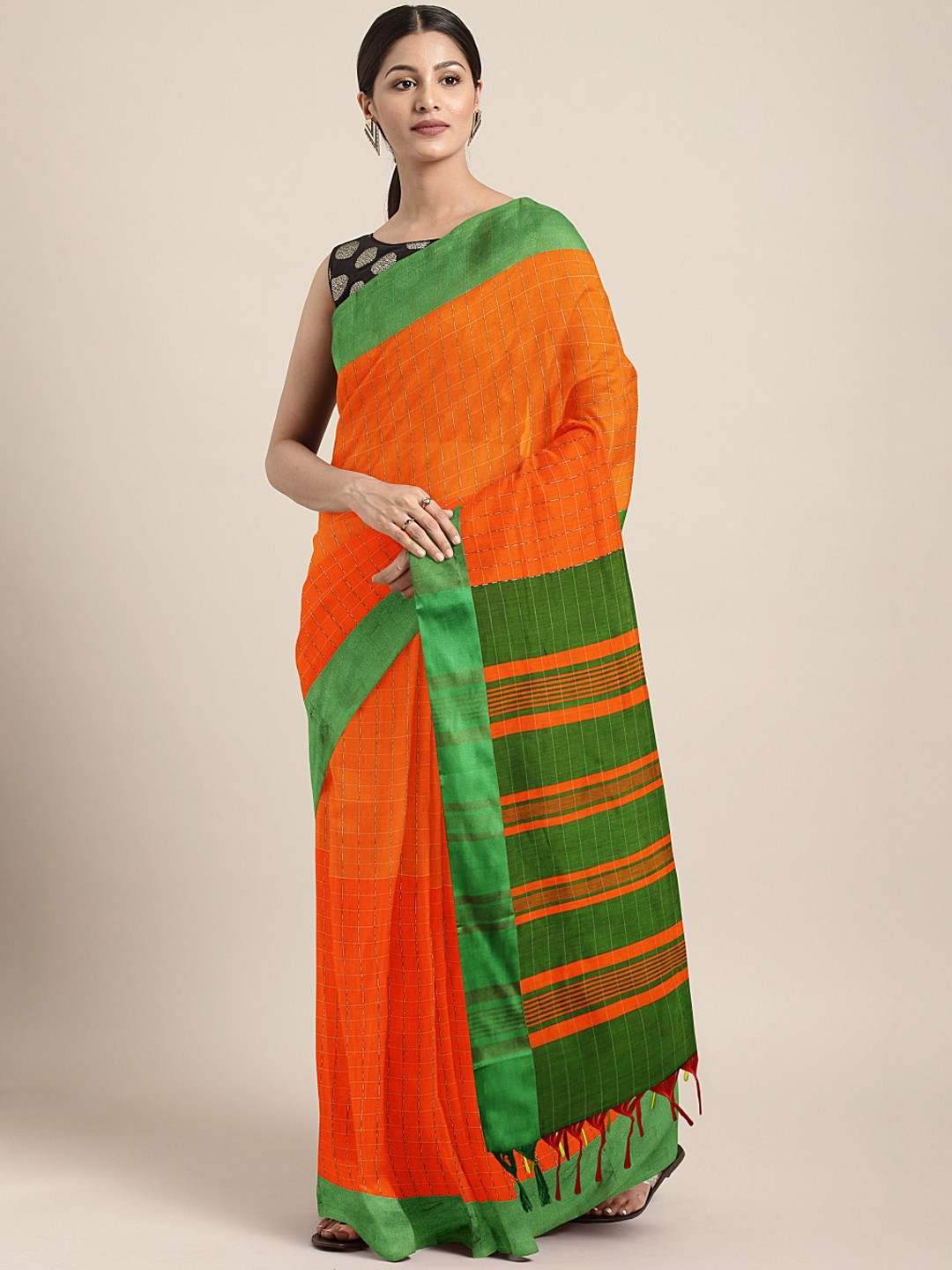 Buy Pothys Orange Checked Silk Cotton Saree - Sarees for Women 12511774 ...