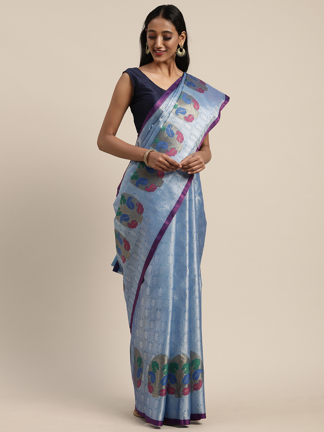 Buy Pothys Blue & Silver Toned Tissue Woven Design Tanchui Silk Saree ...
