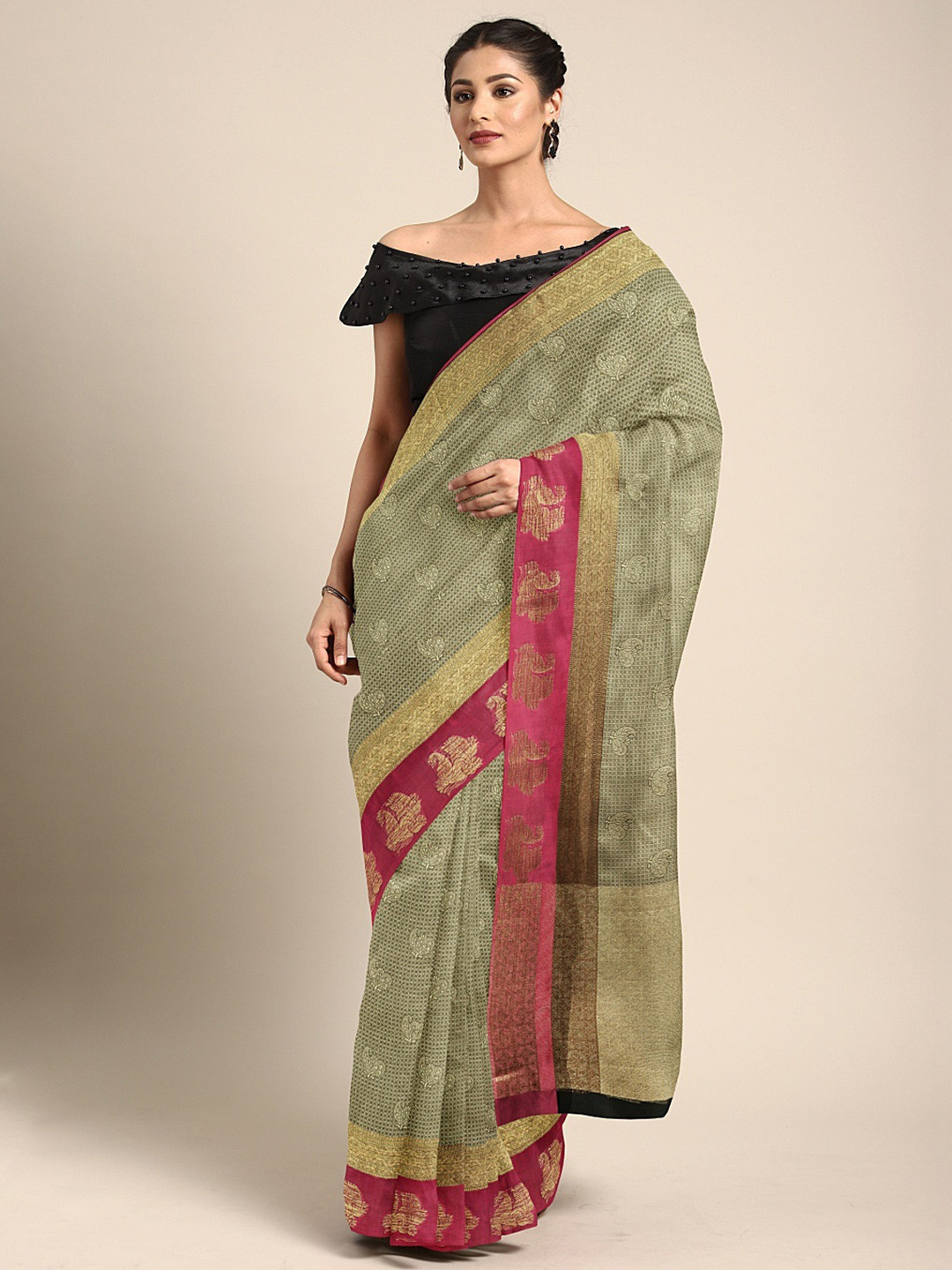 Buy Pothys Olive Green & Pink Tissue Woven Design Tanchui Silk Saree ...