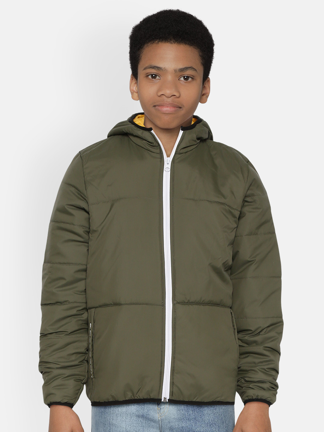 Buy Provogue Boys Olive Green Solid Hooded Padded Jacket - Jackets for ...