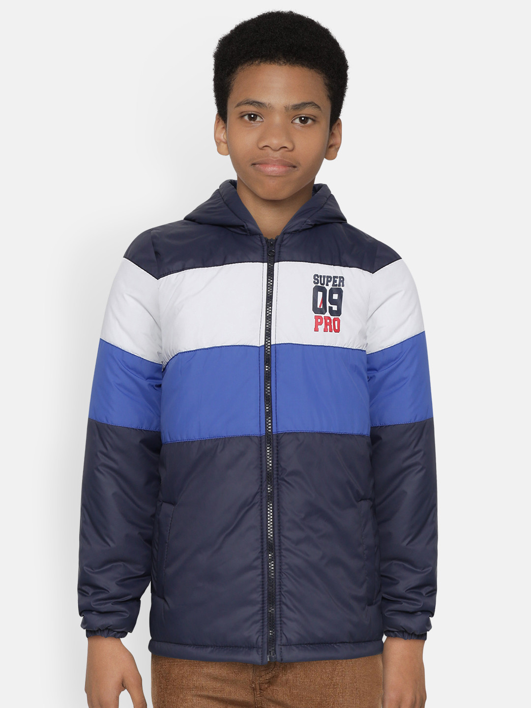 Buy Provogue Boys Navy Blue & White Colourblocked Hooded Padded Jacket ...