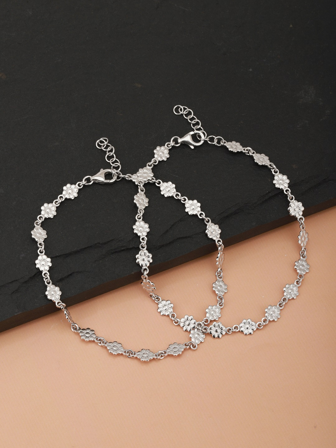 Buy Carlton London Set Of 2 Silver Toned Rhodium Plated Floral Anklets ...