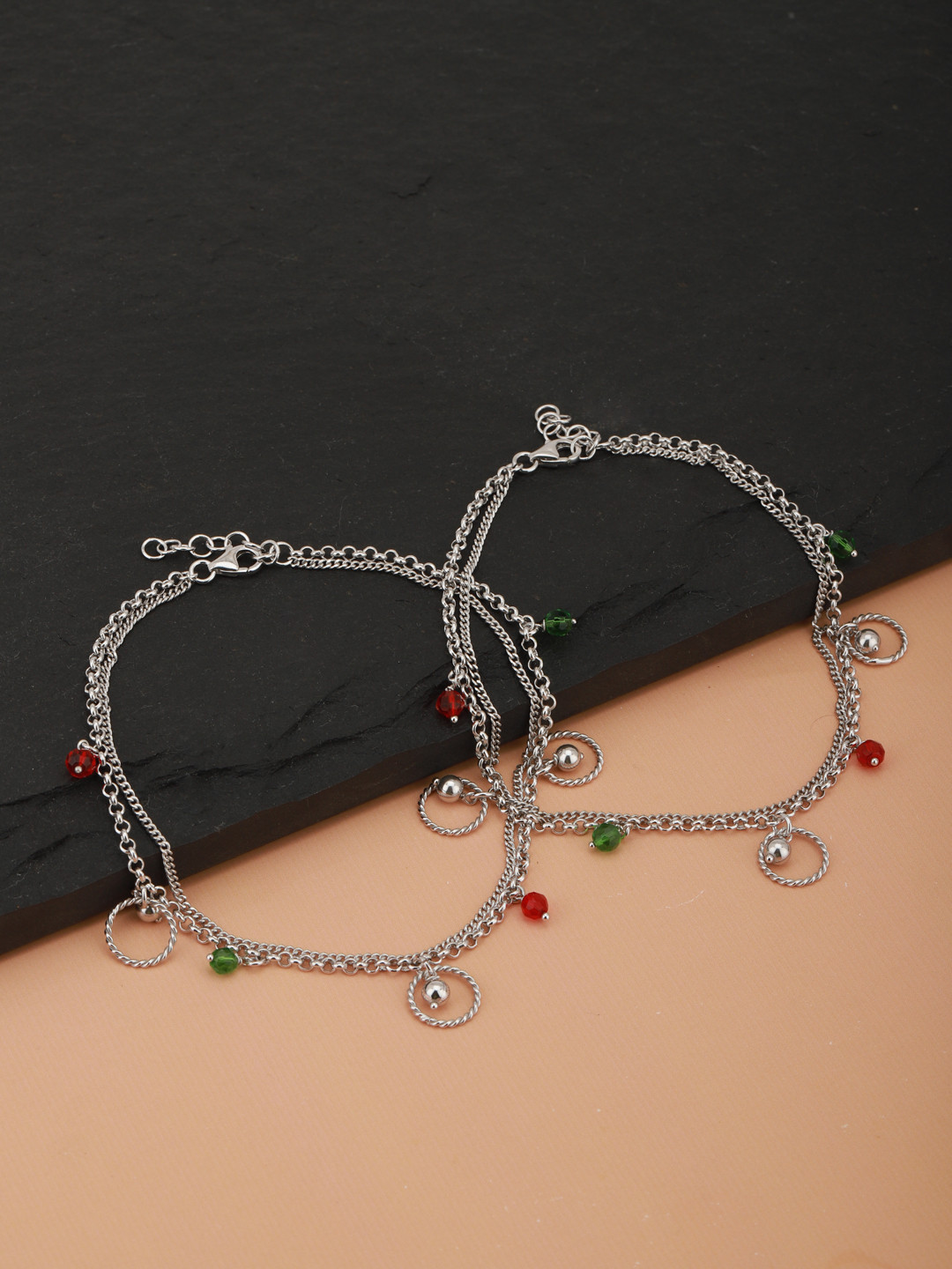 Buy Carlton London Set Of 2 Silver Toned & Red Rhodium Plated Beaded ...