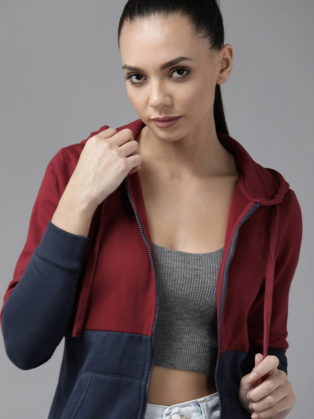 Buy Roadster Women Maroon & Navy Blue Colourblocked Hooded Sweatshirt ...