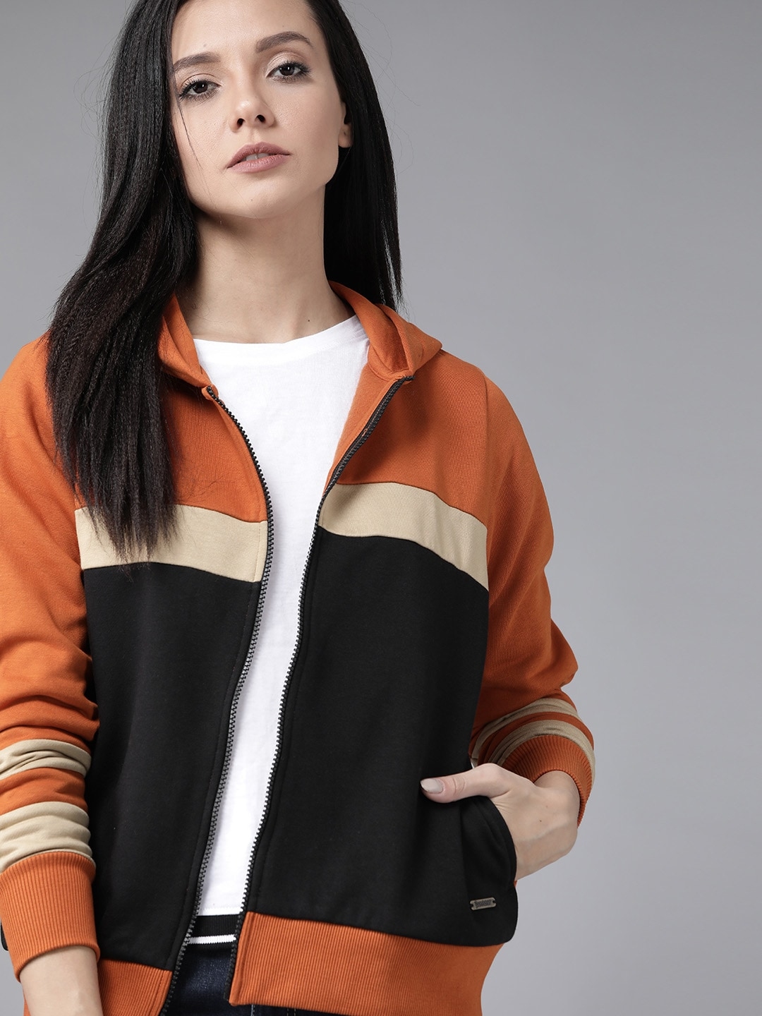 Buy Roadster Women Rust Orange And Black Colourblocked Antiviral Finish