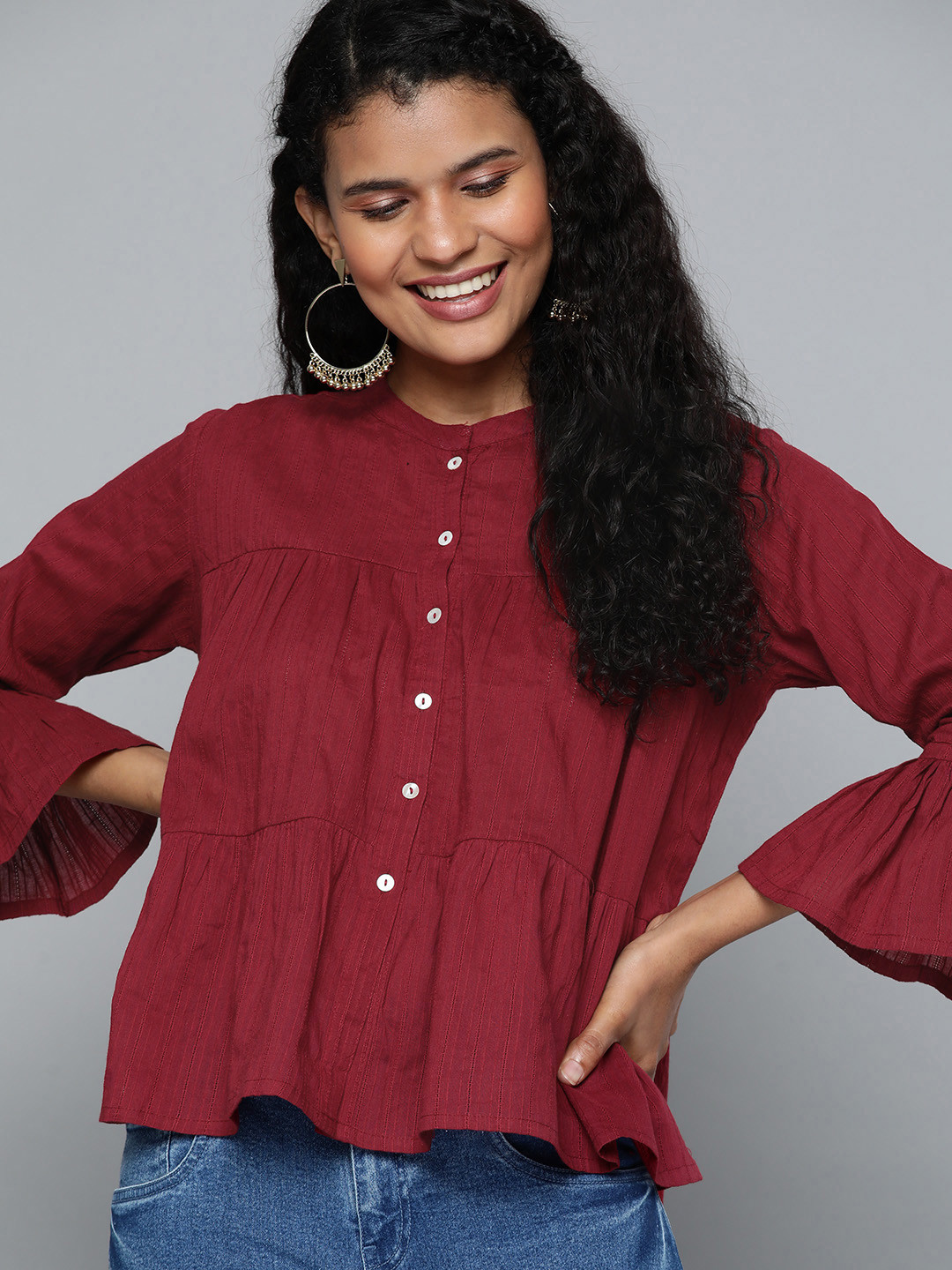 Buy HERE&NOW Women Maroon Self Striped Tiered Pure Cotton Top - Tops ...