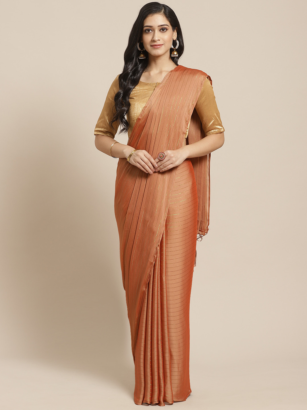 Buy Saree Mall Rust Orange & Golden Woven Design Saree - Sarees for ...