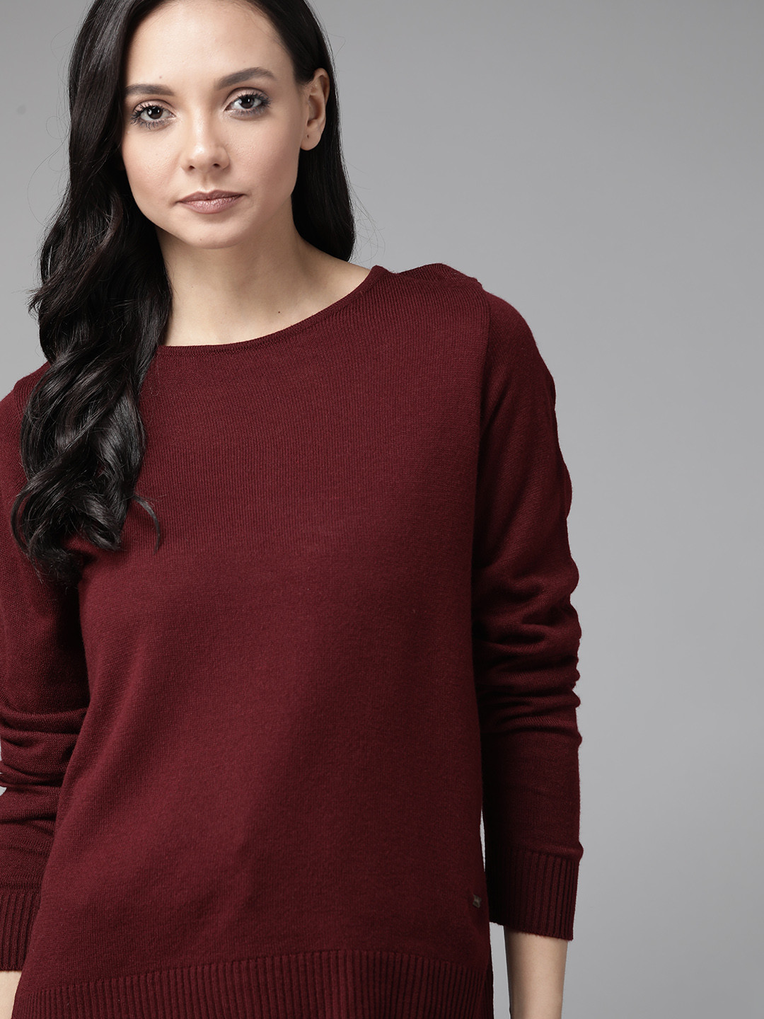 Buy Roadster Women Maroon Solid Pullover Sweater - Sweaters for Women ...