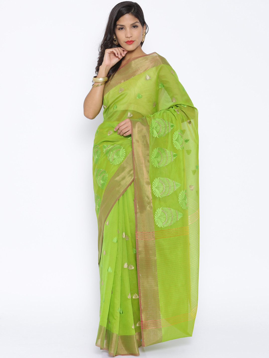 Buy Mysore Saree Udyog Lime Green Embroidered Silk Traditional Saree ...