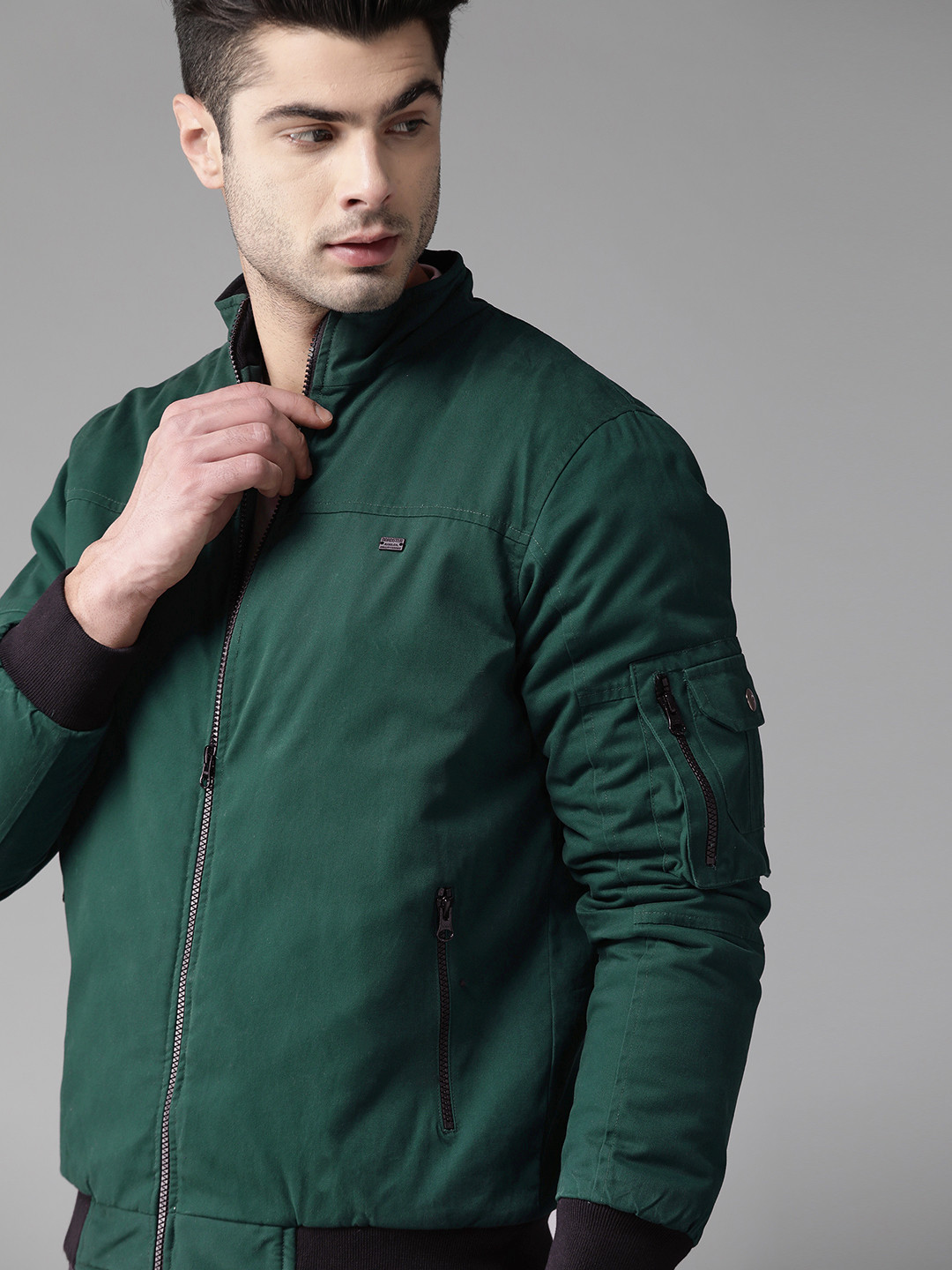 Buy Roadster Men Green Solid Antiviral Finish Sustainable Bomber Jacket ...