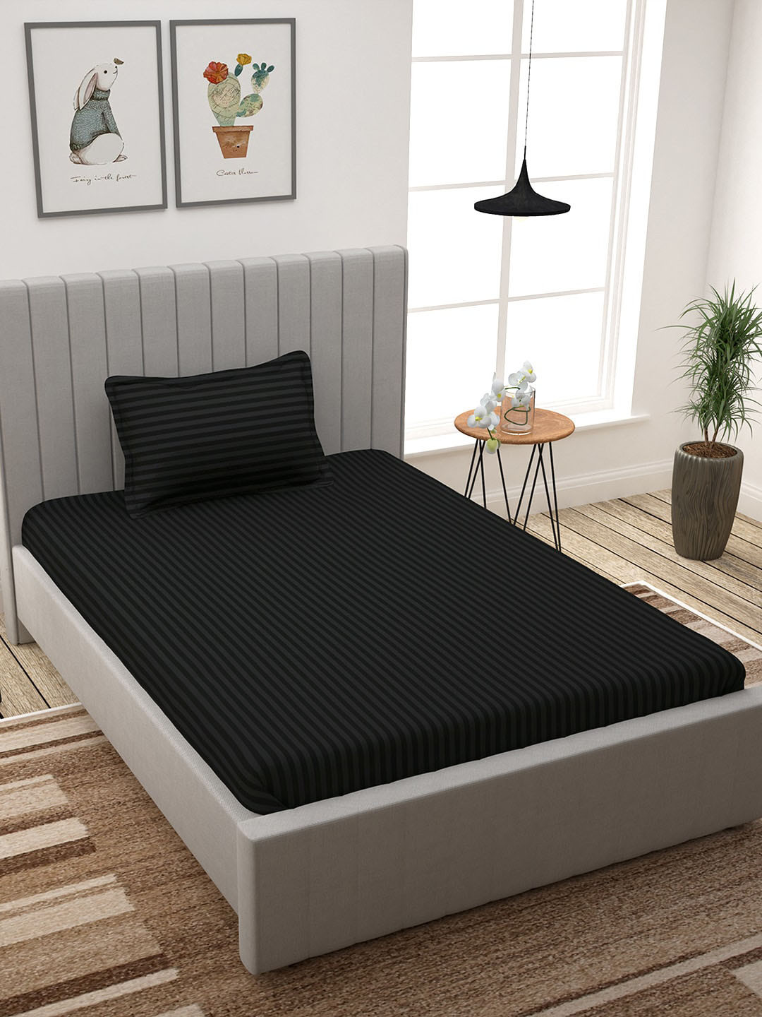 Buy Story@home Black Striped 300 TC Cotton 1 Single Bedsheet With 1 ...