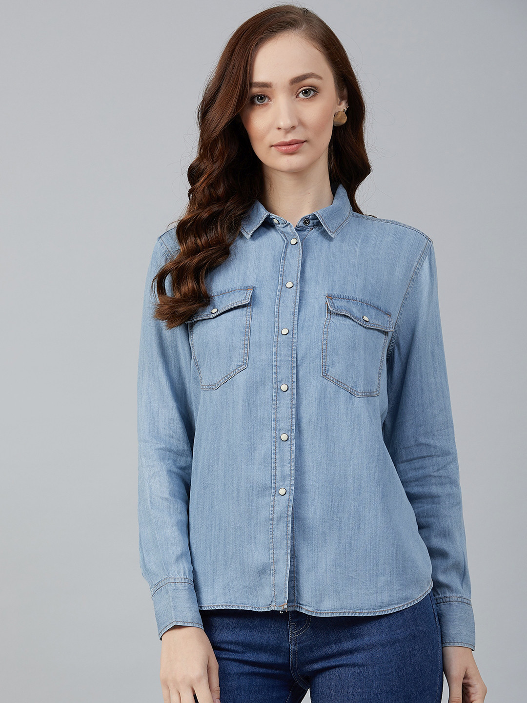 Buy Marks & Spencer Women Blue Regular Fit Solid Chambray Casual Shirt ...