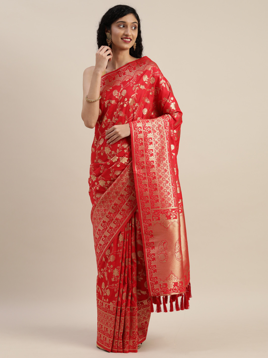 Buy VASTRANAND Red & Gold Toned Silk Blend Woven Design Banarasi Saree ...