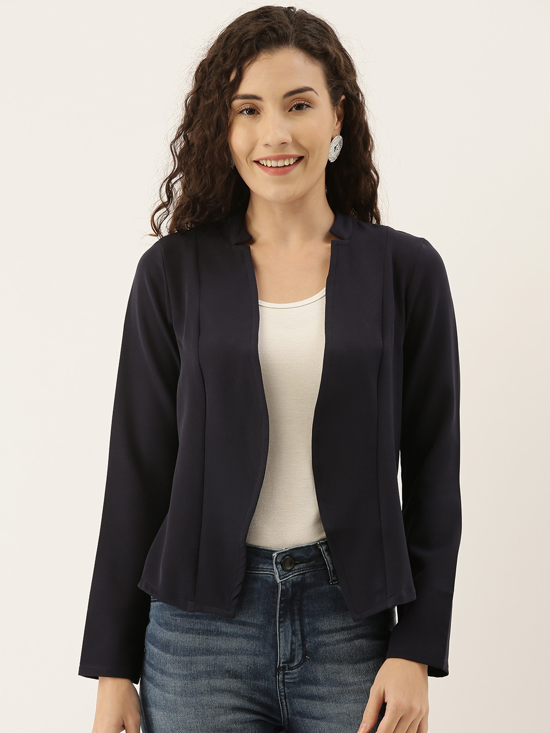 Buy AND Women Navy Blue Solid Open Front Jacket - Jackets for Women ...