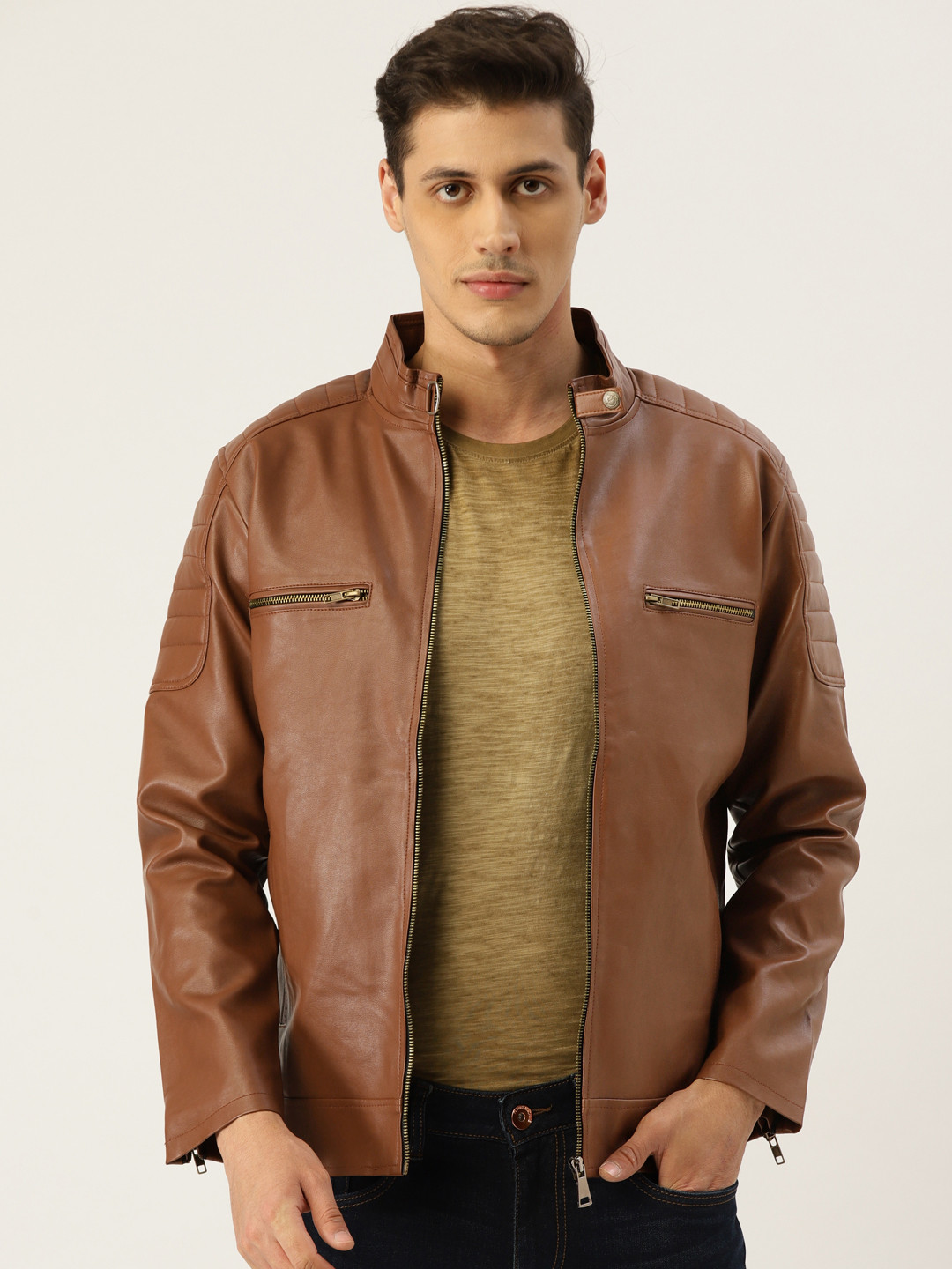 Buy Leather Retail Men Brown Solid Lightweight Biker Jacket - Jackets ...