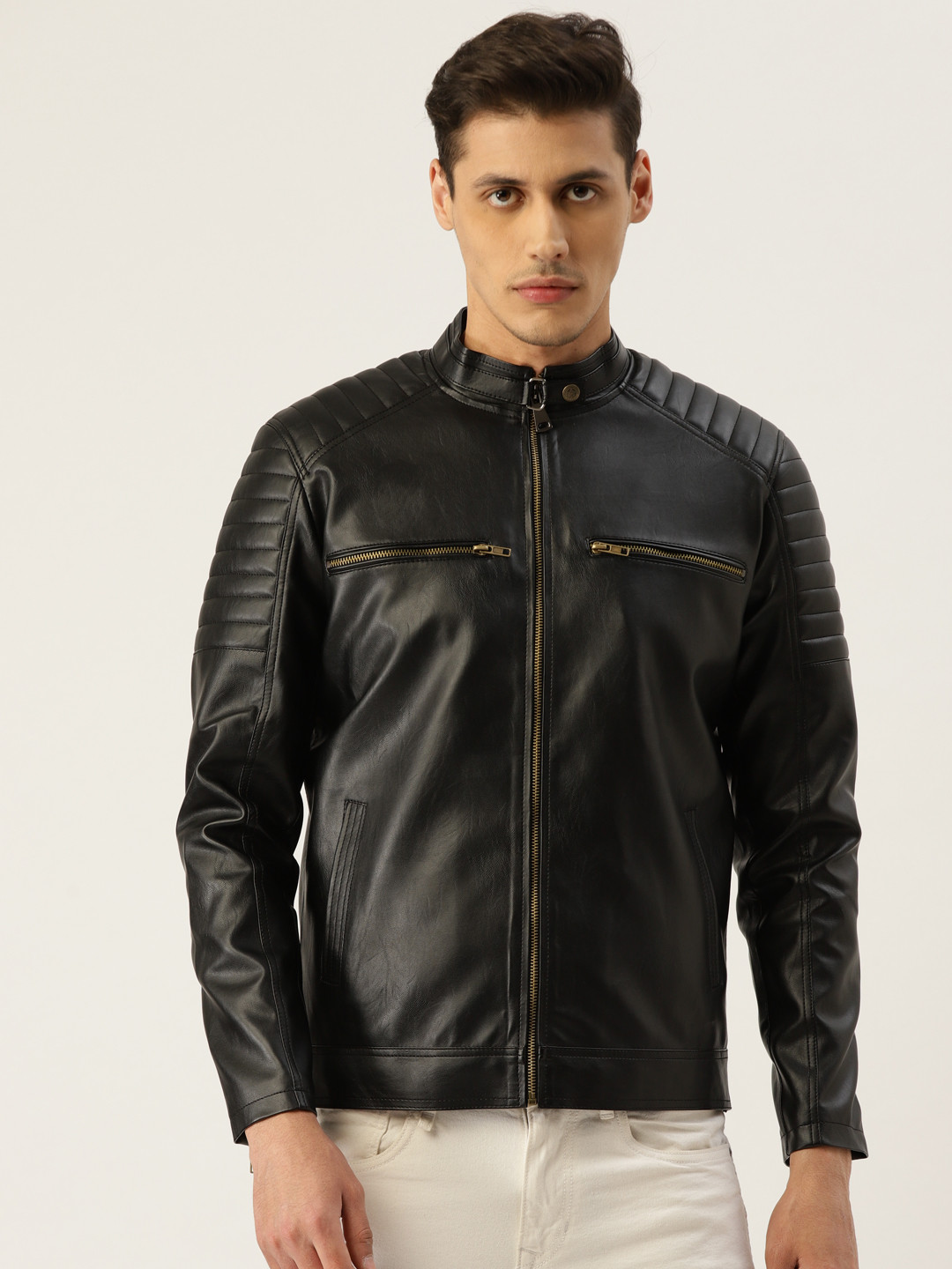Buy Leather Retail Men Black Solid Lightweight Leather Biker Jacket ...