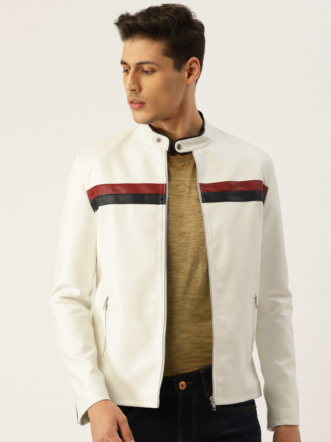 Buy Leather Retail Men White Solid Lightweight Biker Jacket - Jackets ...