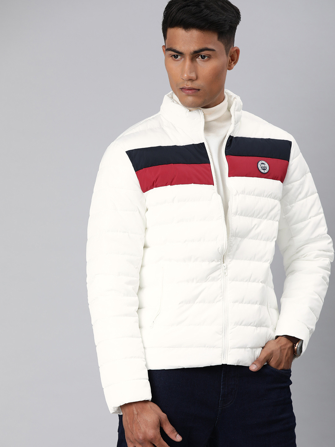 Buy U.S. Polo Assn. Men White & Red Striped Puffer Jacket - Jackets for ...