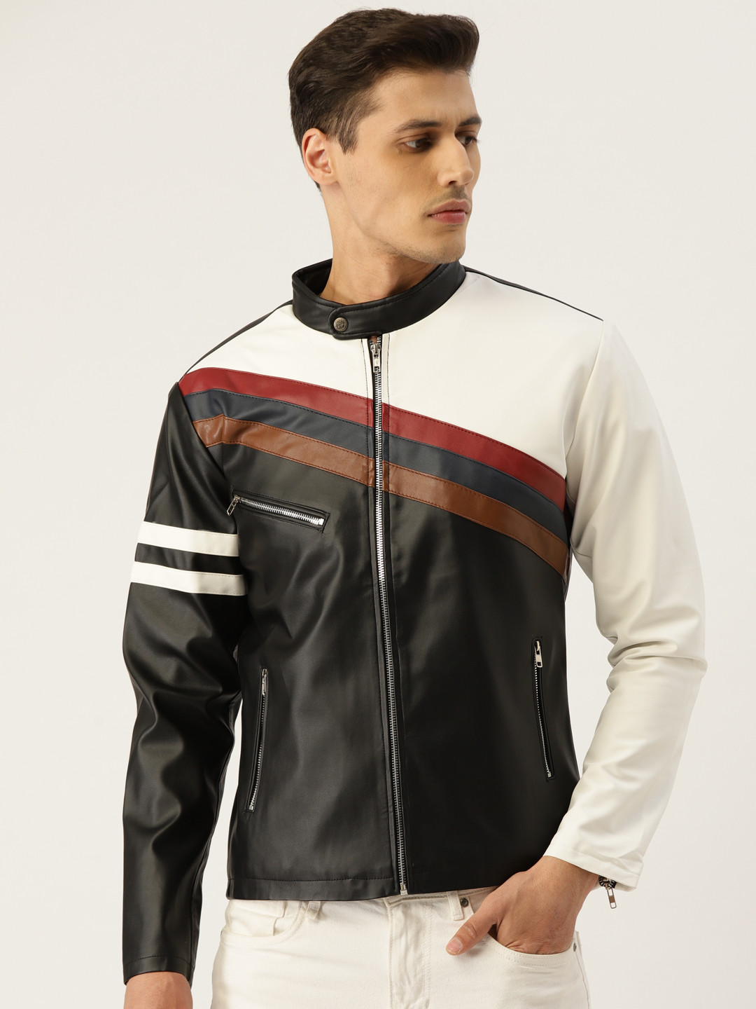 Buy Leather Retail Men Black & White Colourblocked Lightweight Biker ...