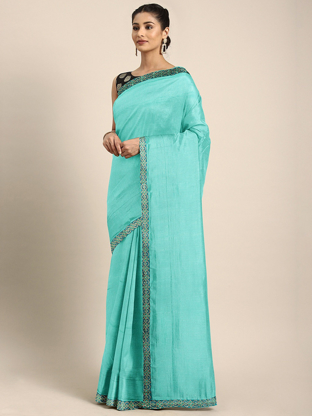 Buy Mitera Turquoise Blue Solid Silk Blend Celebrity Saree - Sarees for ...