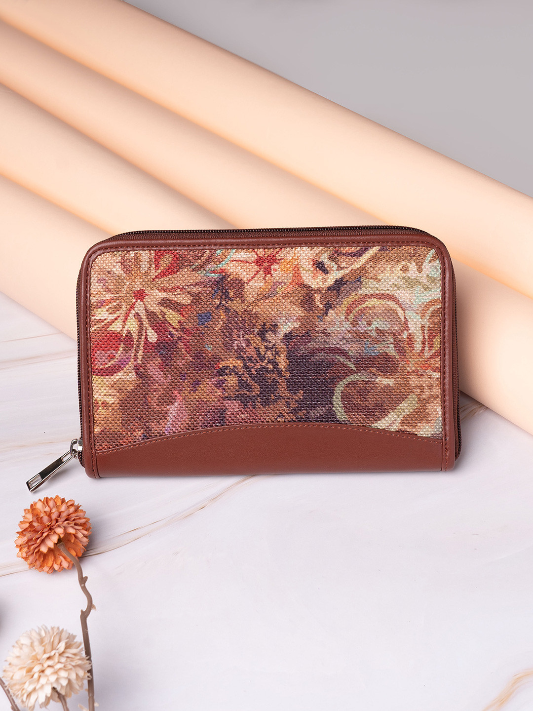 Buy ZOUK Women Brown Printed Vegan Leather Zip Around Sustainable ...