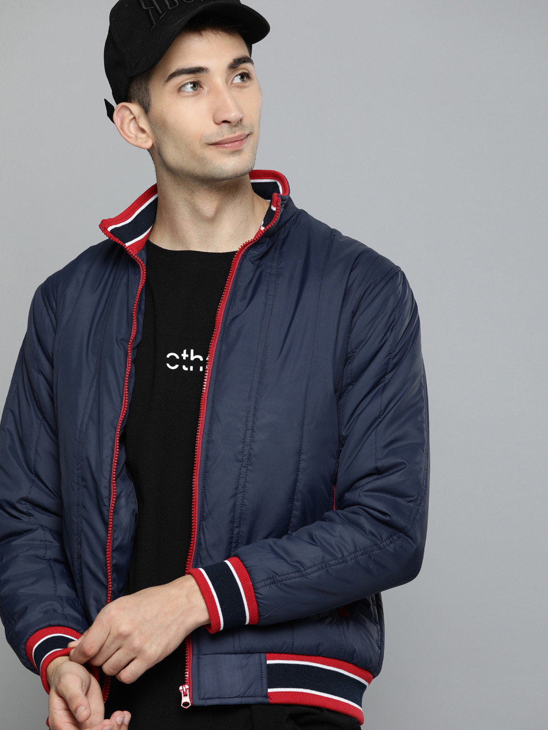 Buy HERE&NOW Men Navy Blue Solid Varsity Jacket - Jackets for Men 12645818 | Myntra