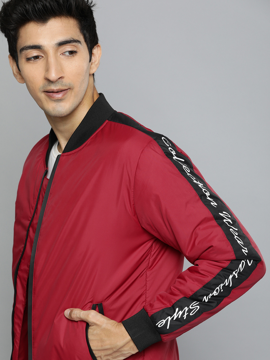 Buy HERE&NOW Men Red Solid Bomber Jacket - Jackets for Men 12645828 ...