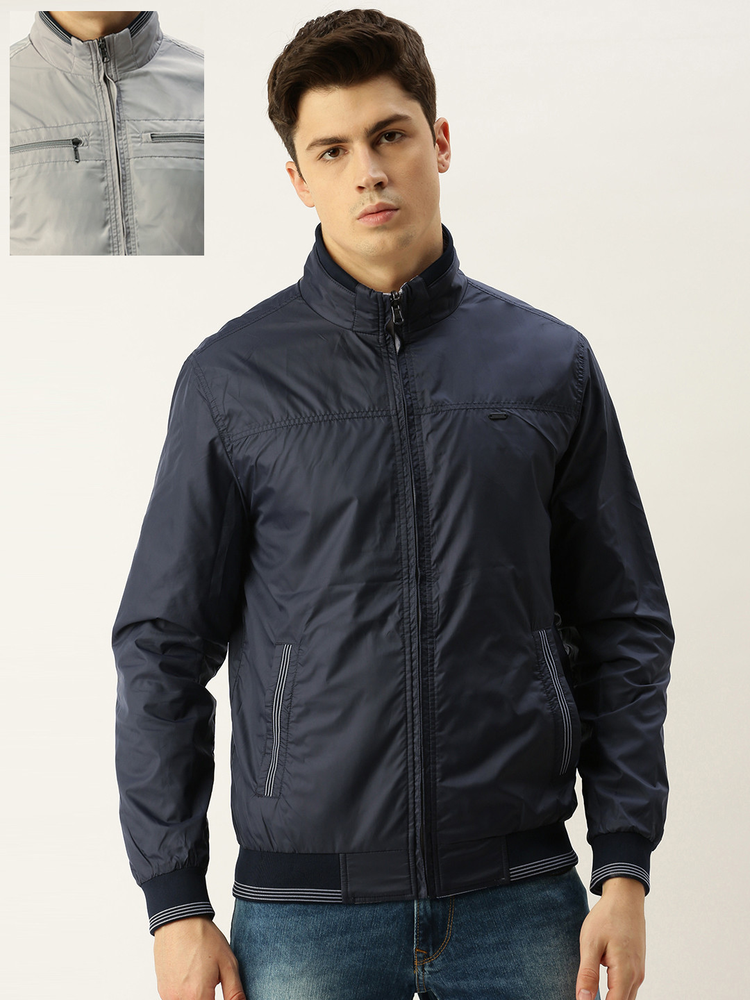 Buy Peter England Men Navy Blue & Grey Reversible Bomber Jacket ...
