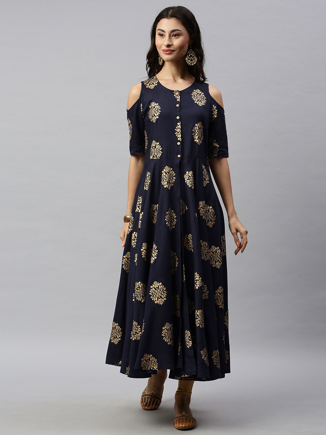 Buy Aprique FAB Women Blue & Gold Toned Foil Printed Anarkali Kurta ...