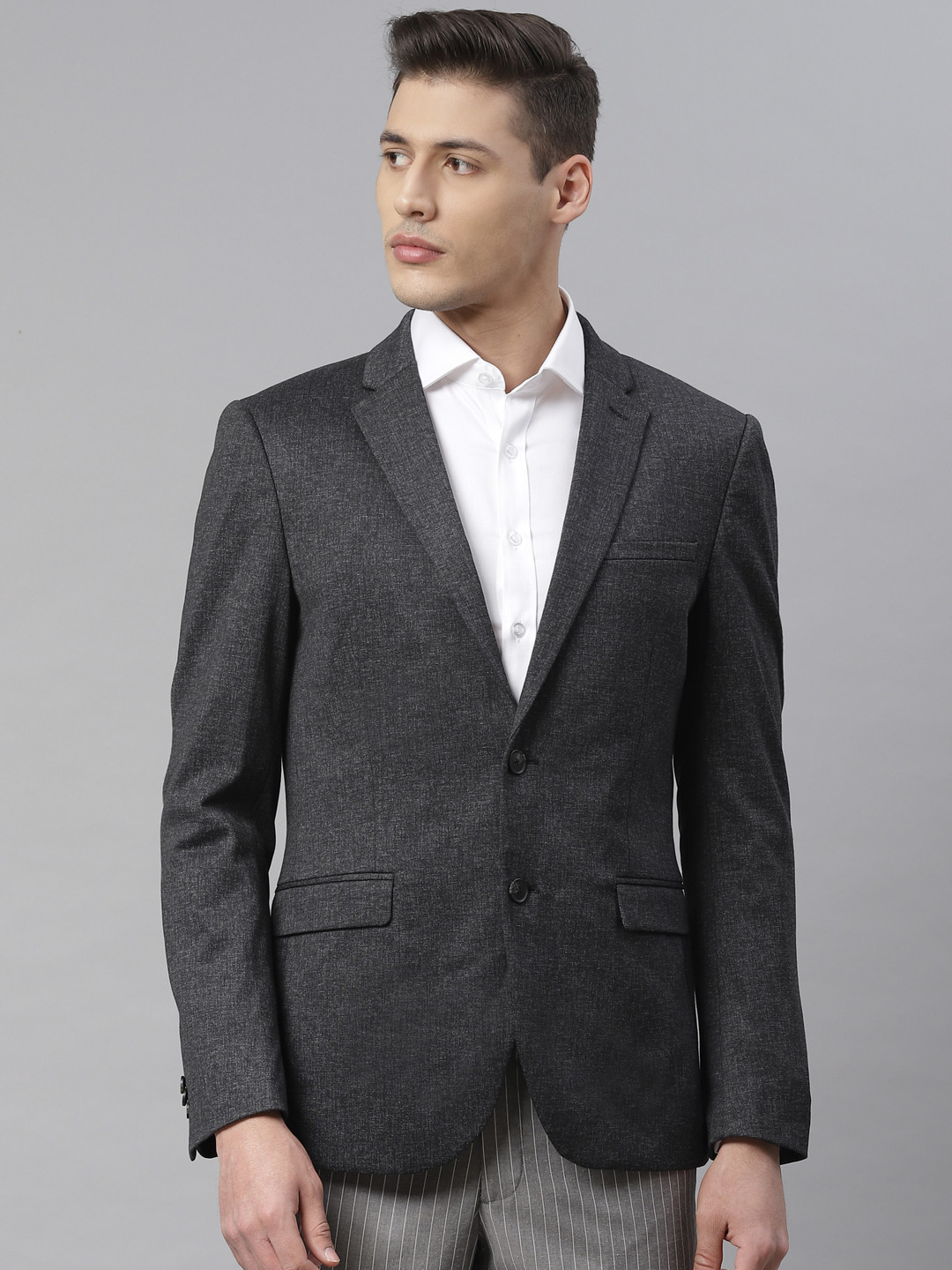 Buy Marks & Spencer Men Charcoal Grey Skinny Fit Solid Single Breasted ...