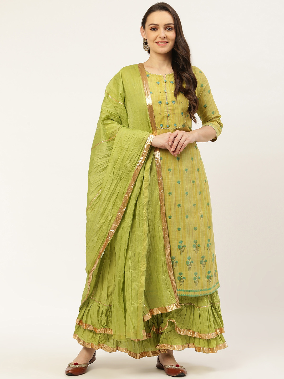Buy Laabha Women Green Embroidered Kurta With Palazzos & Dupatta ...