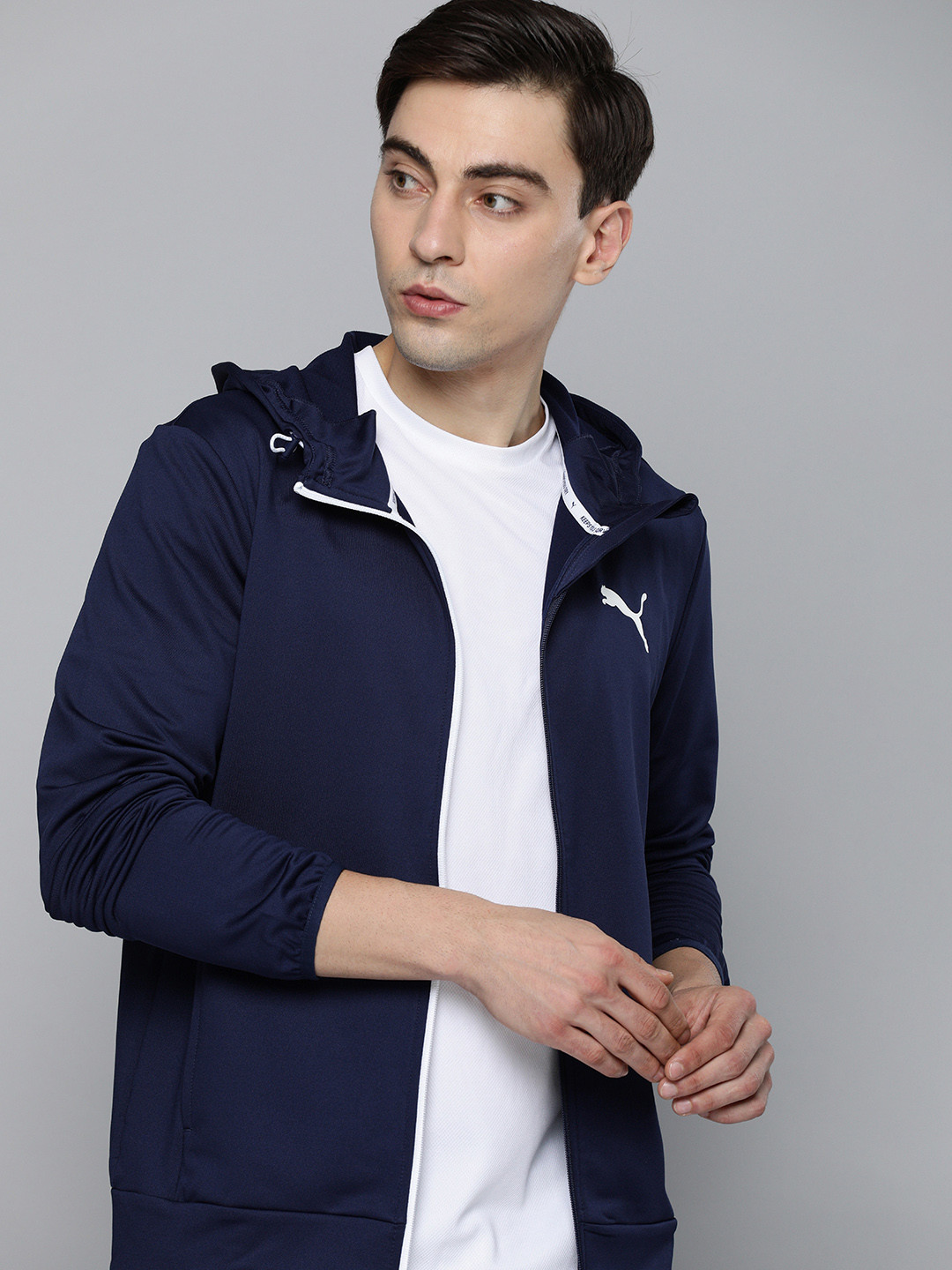 Buy Puma Men Navy Blue Solid Slim Fit DryCELL RTG FZ Hooded Sporty ...