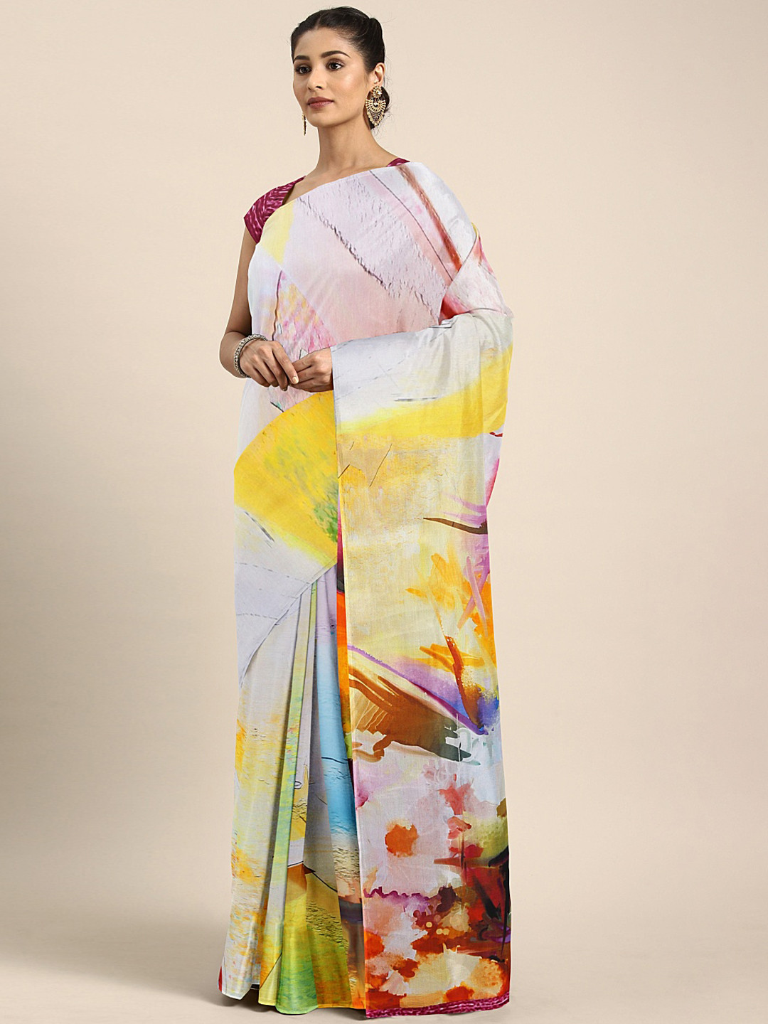 Buy Neerus White & Yellow Poly Crepe Printed Saree - Sarees for Women ...