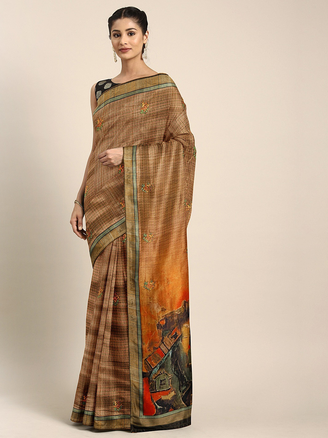 Buy Neerus Brown & Yellow Poly Silk Floral Printed Saree - Sarees for ...