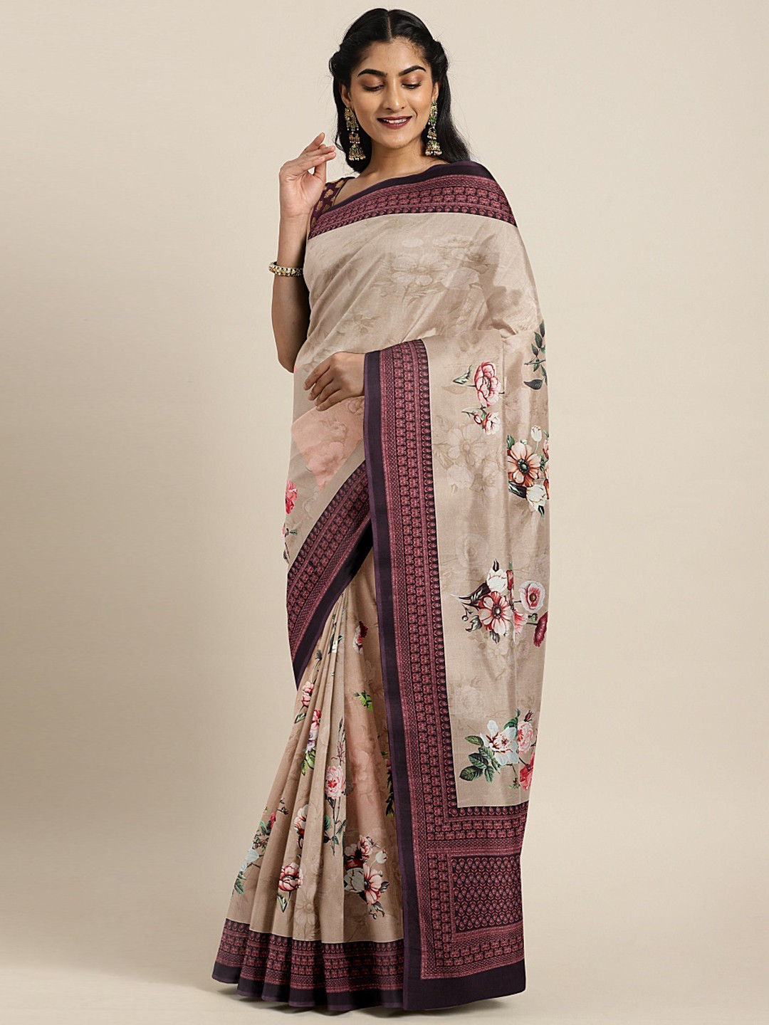 Buy Neerus Beige & Pink Poly Crepe Printed Saree - Sarees for Women ...