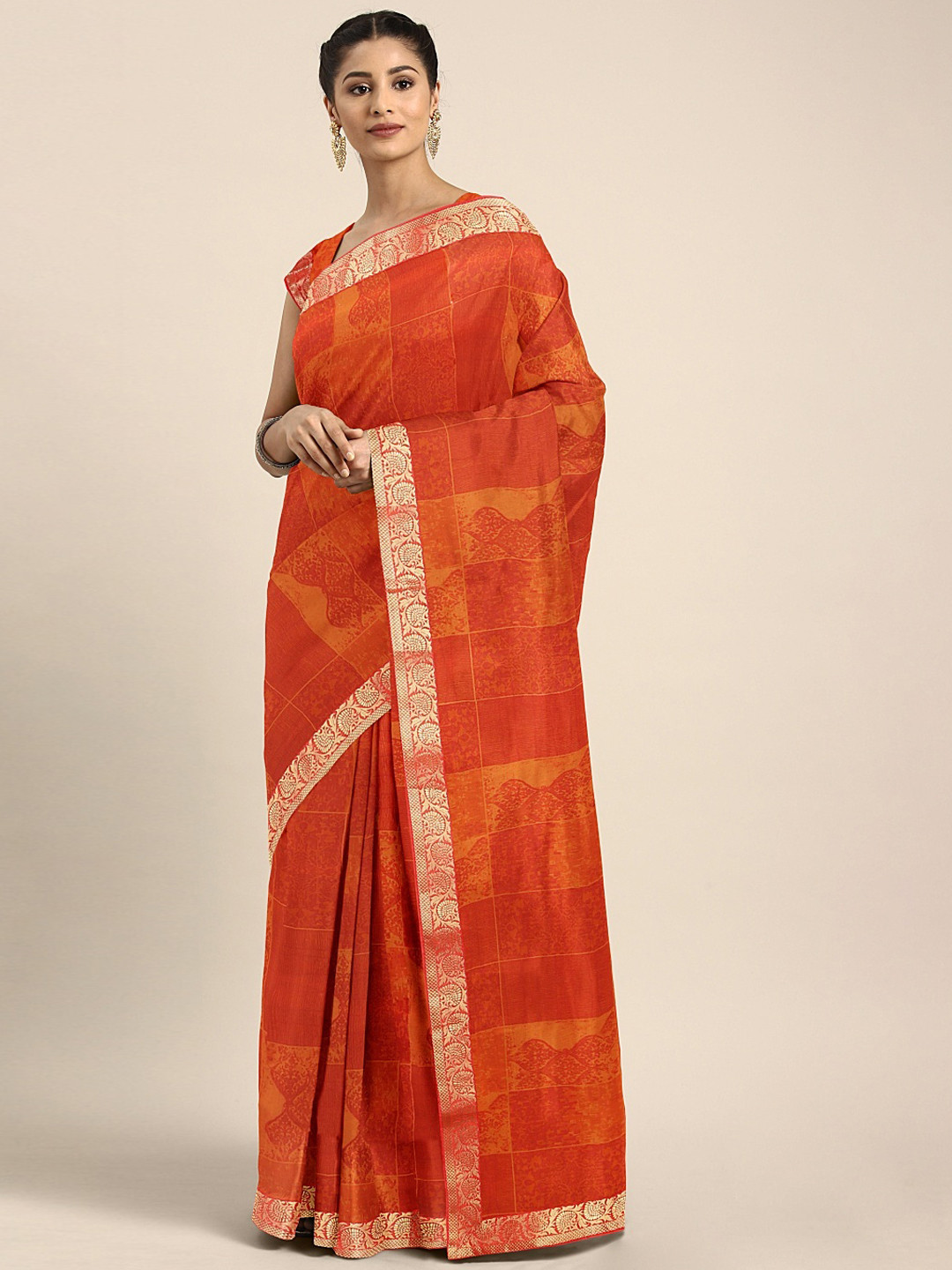 Buy Neerus Orange Checked Poly Crepe Saree - Sarees for Women 12652746 ...