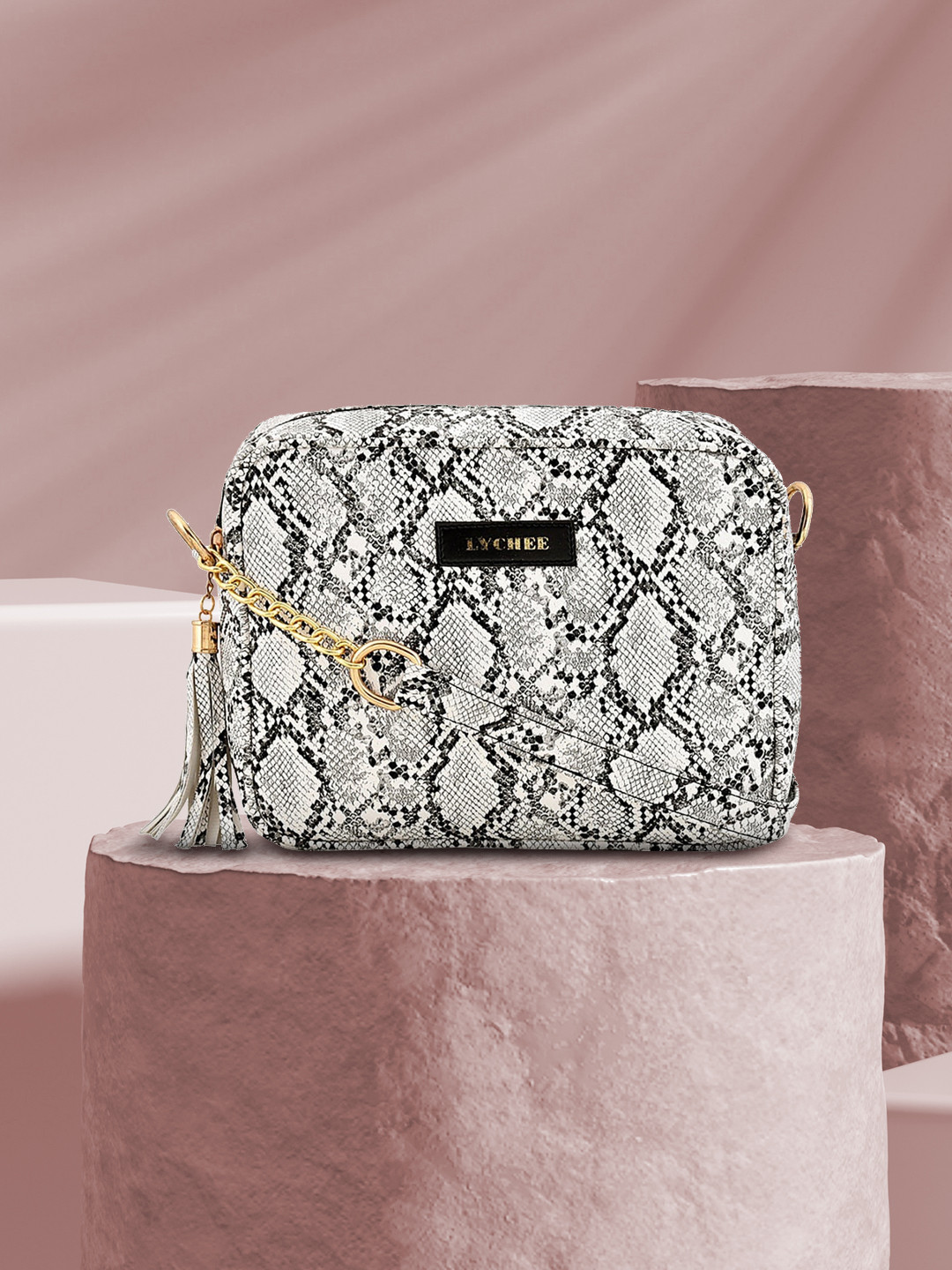 Buy Lychee Bags White & Black Snake Skin Textured Sling Bag - Handbags ...