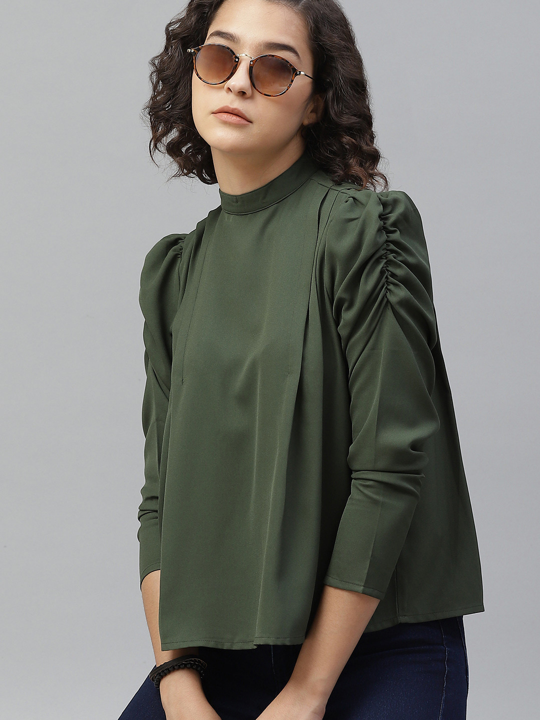 Buy Roadster Olive Green Solid High Neck Puff Sleeves Gathered A Line ...