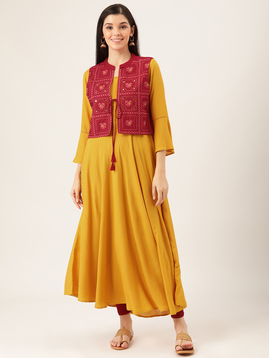 Buy Prakrti Women Mustard Yellow Solid A Line Asymmetric Kurta With ...