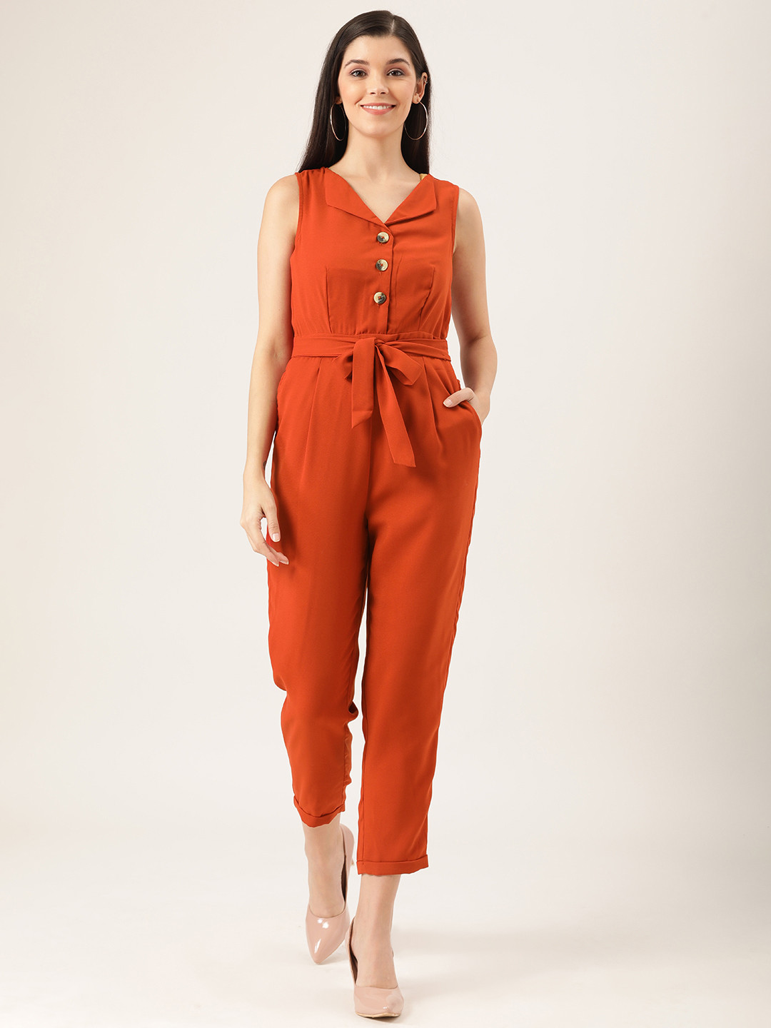 Buy QUIERO Women Rust Orange Solid Cropped Basic Jumpsuit - Jumpsuit ...